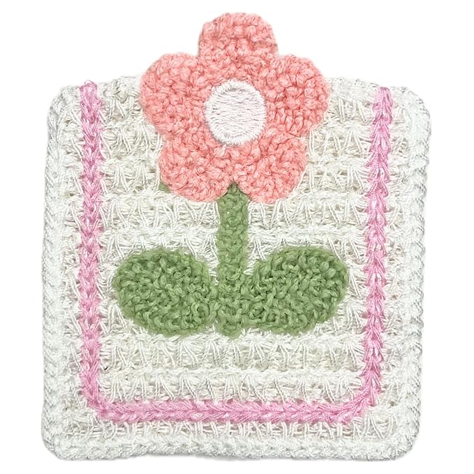 Pink Floral Patch with Green Leaves Sew On Applique Crochet Patch – Ani ...