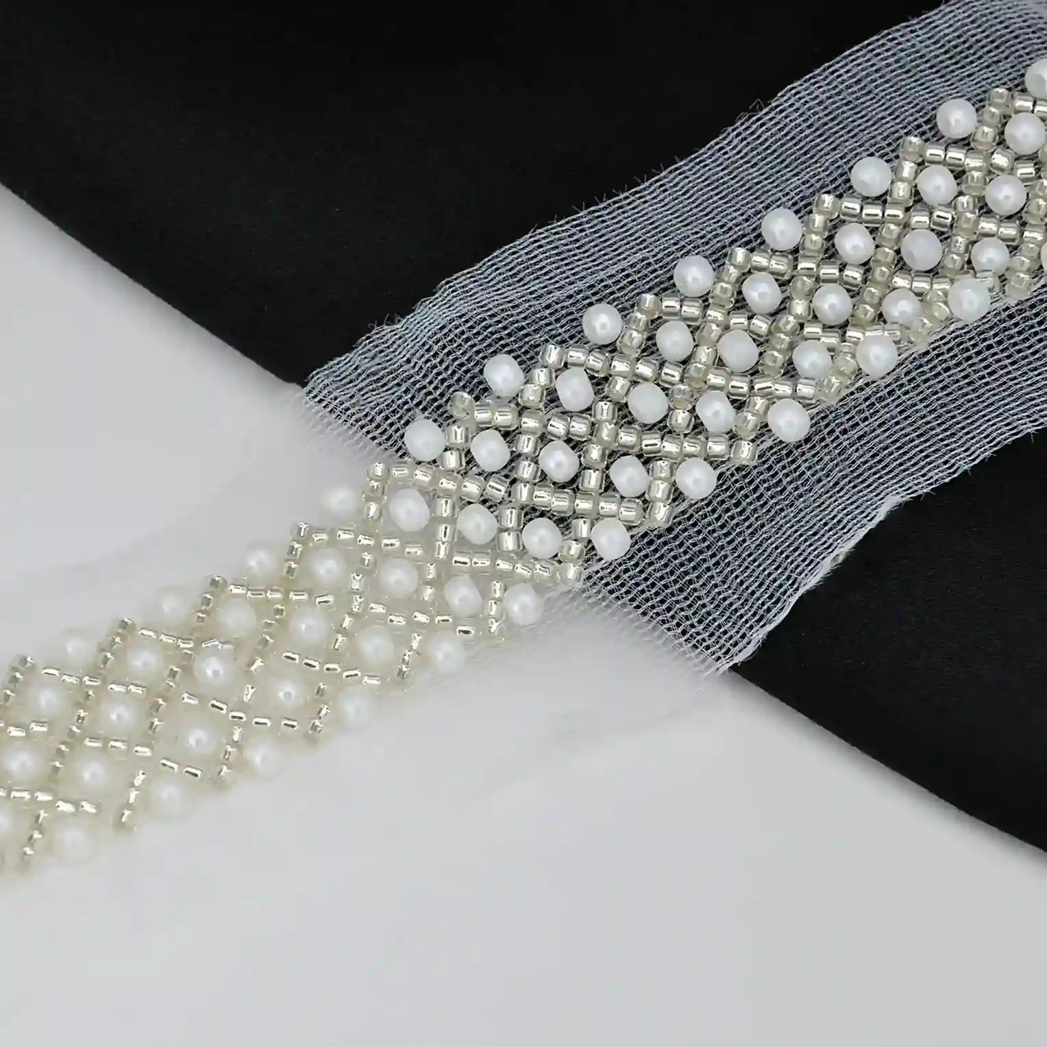 Pearl and Silver Beaded Netting Trim – Ani Accessories